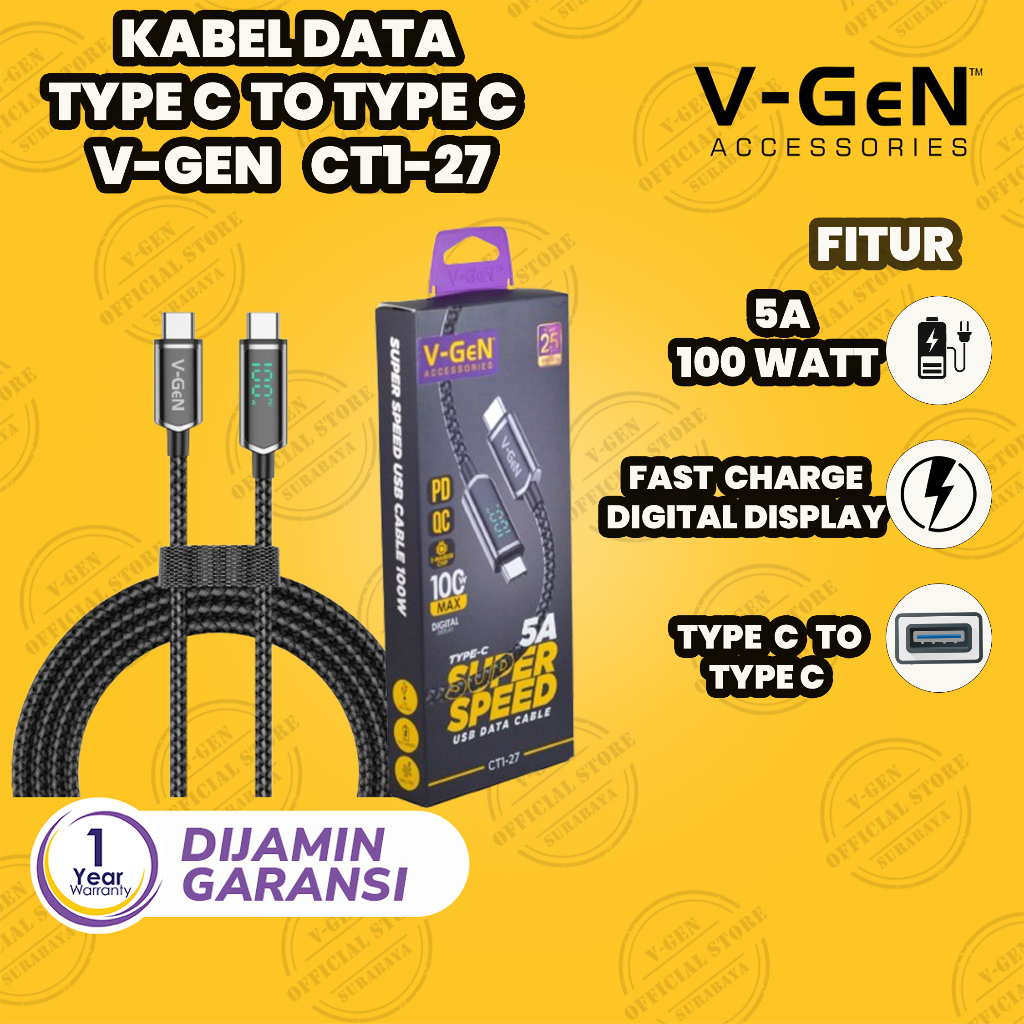 Jual Kabel Data V-GeN CT1-27 Super Fast Charging 5A 100W Max PD QC 480Mbps Data Transfer Digital ...