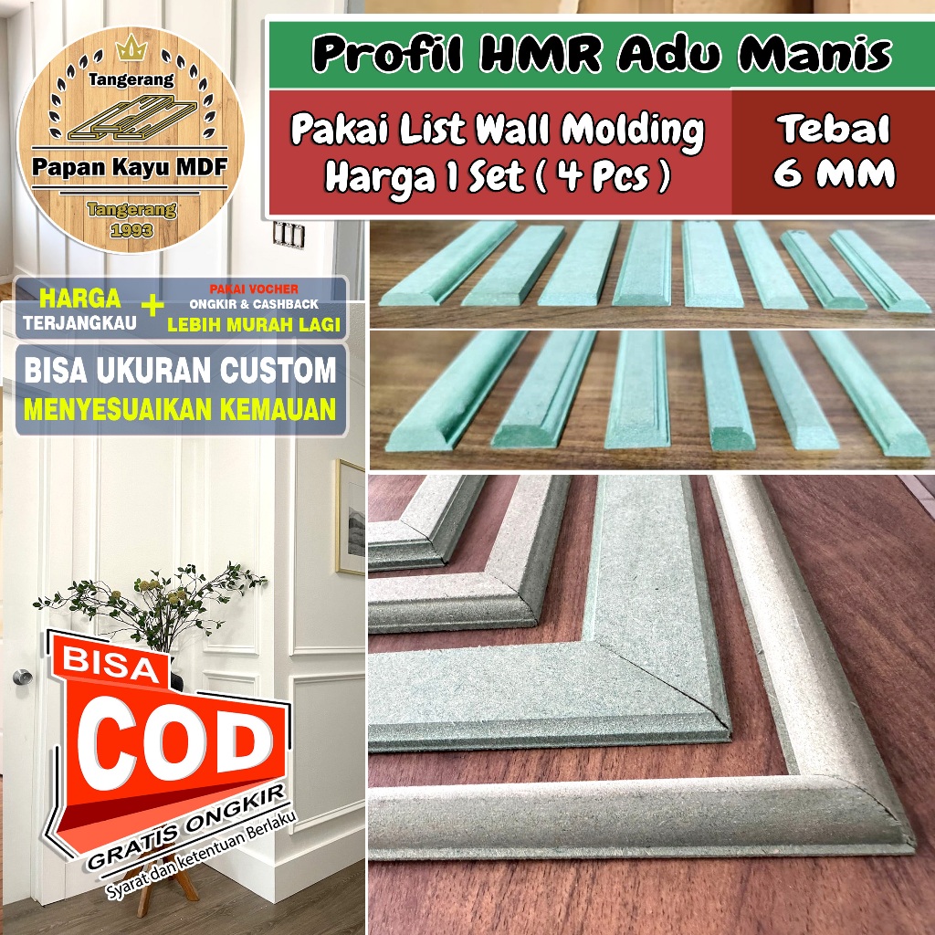 Jual Wall Moulding Profil Kayu HMR Tebal 6MM 1 Set = 4 Pcs Lis Wood ...