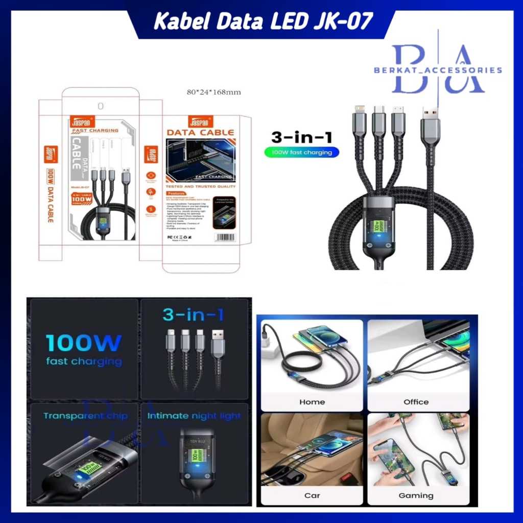 Jual Kabel Data LED JK-07 3in1 USB 100W Fast Charging Micro/Type-C ...