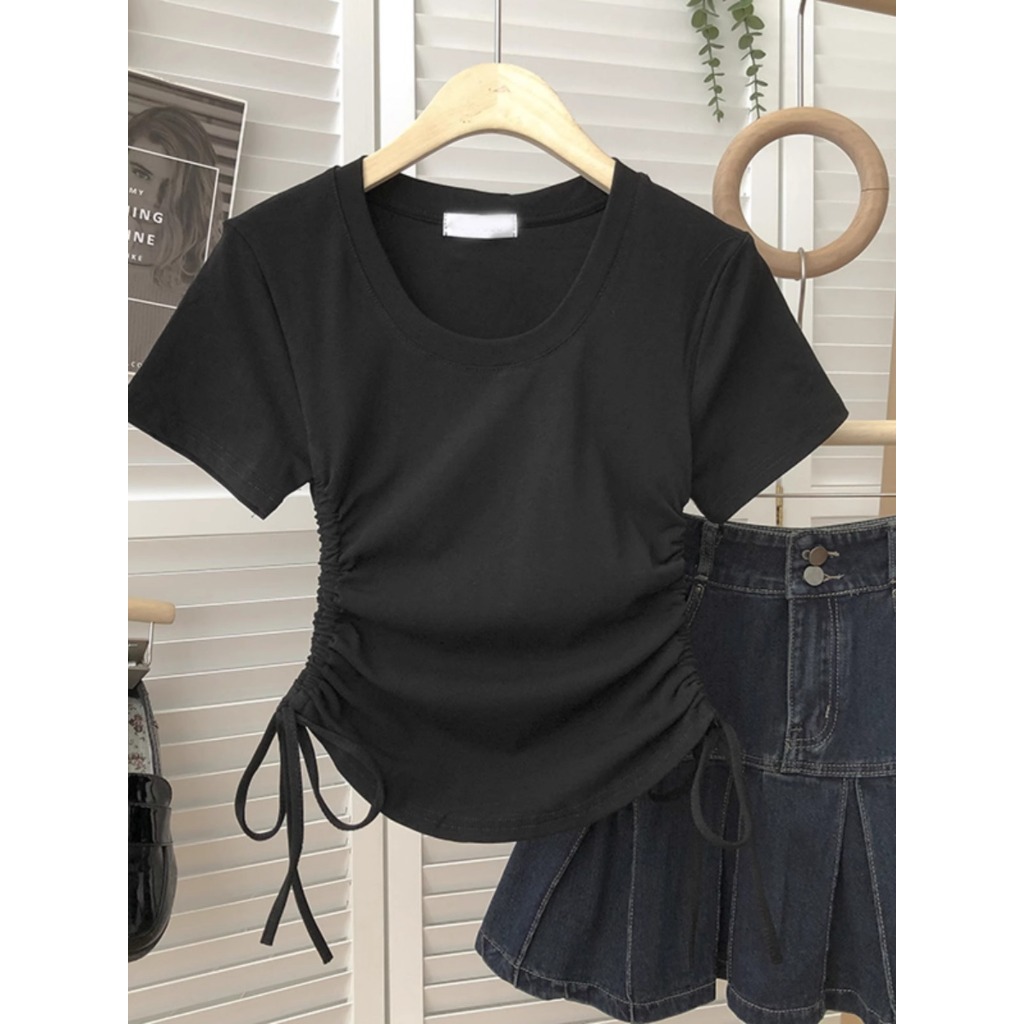 Jual kaos crop top wanita/Crop top serut ala Korea/Kaos crop polos ...