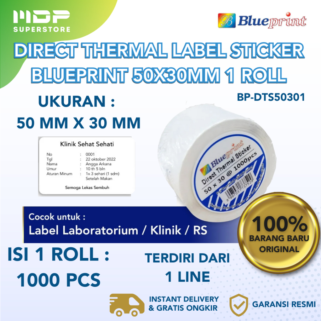 Jual DIRECT THERMAL STICKER BLUEPRINT LABEL STICKER 50x30 mm 1 ROLL (BP ...