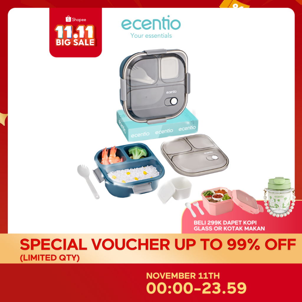 Jual 【PP 5】ecentio lunch box kotak bekal anti tumpah 3 grid 1100ml /850ml Kotak makan wadah ...