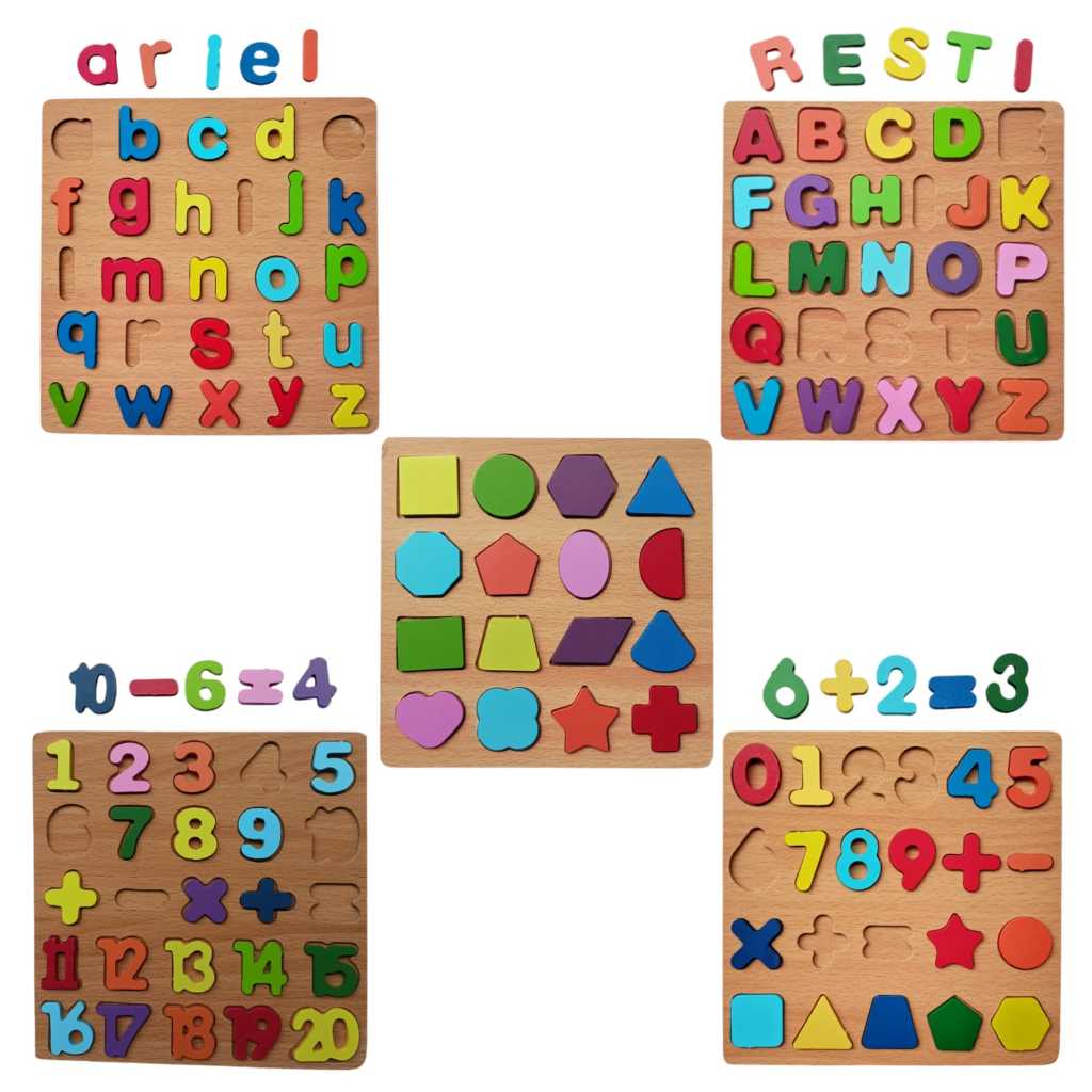 Jual Puzzle Kayu Huruf Angka Bentuk Geometri Ukuran 20x20 cm Jigsaw ...