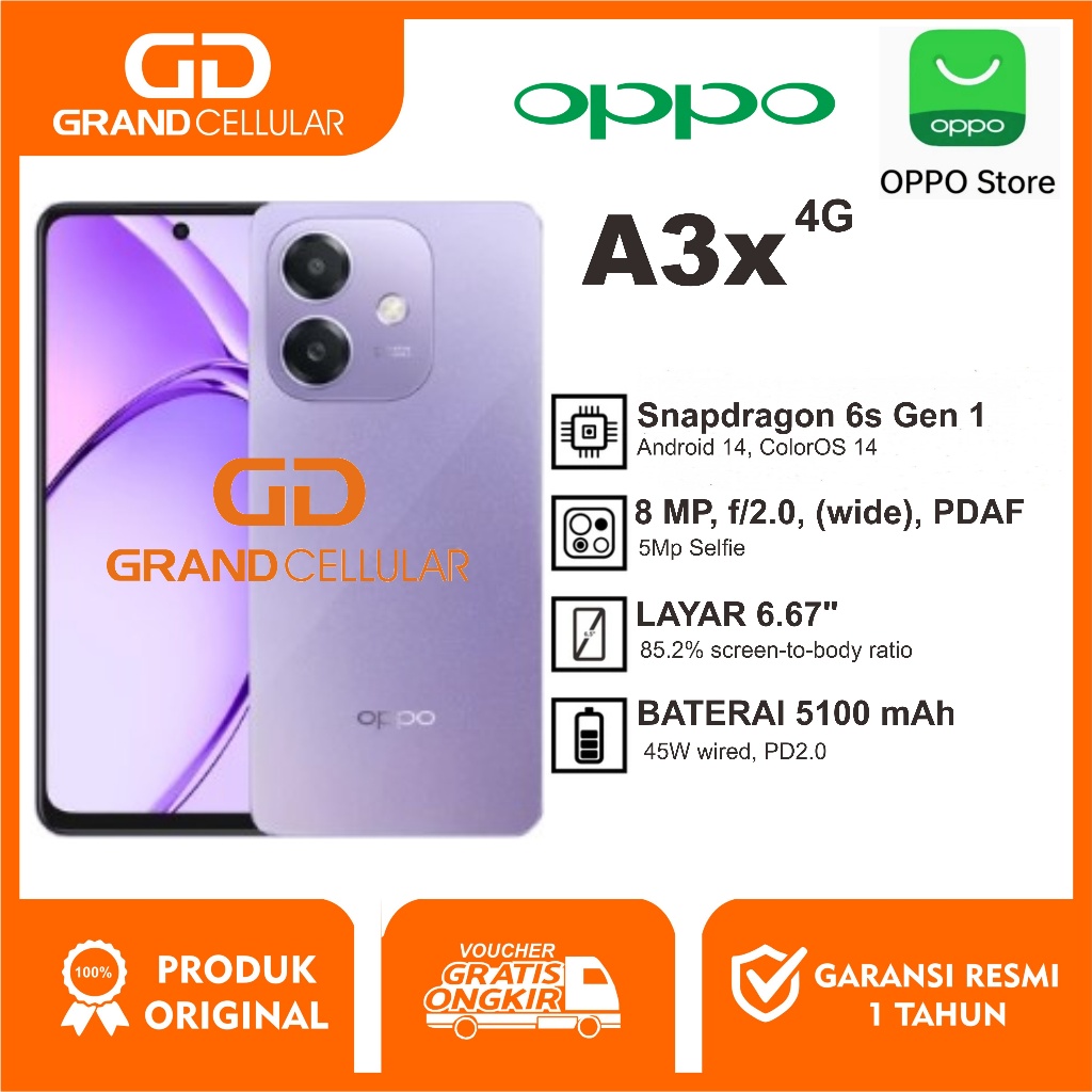 Jual OPPO A3X 6GB RAM 128GB ROM - 4G RAM 128GB ROM - 4GB RAM 64GB ROM ...