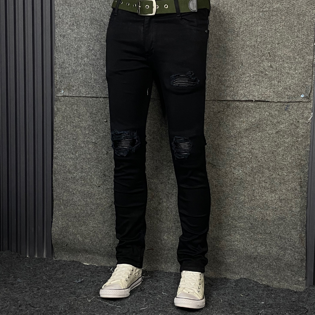 Jual SJ Hitam Full Black Biker Celana Jeans Panjang Pria Sobek Hitam ...