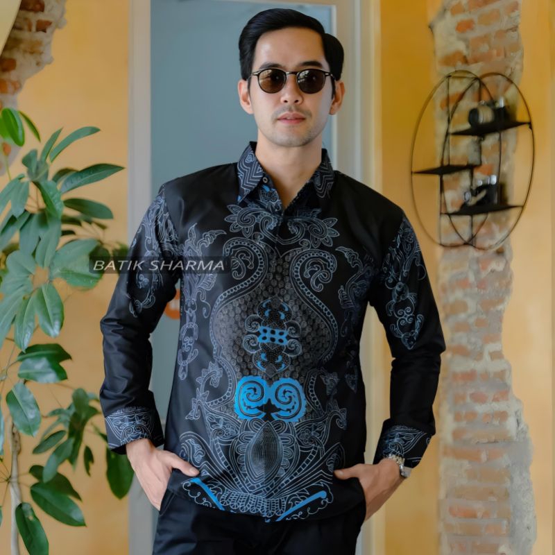 Jual Sharma Kemeja Batik Pria Lengan Panjang Abinawa Biru Formal Slim ...