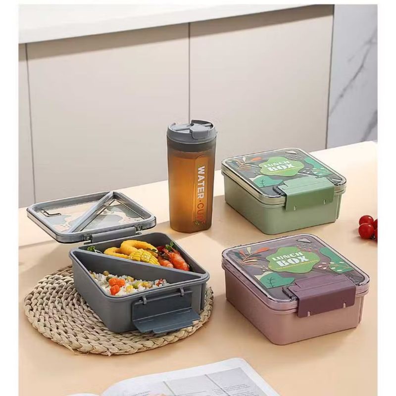 Jual LUNCH BOX SET KOTAK MAKAN SET BOTOL MINUM 2SEKAT ANTI TUMPAH KAPASITAS 950+500ML BPA FREE ...