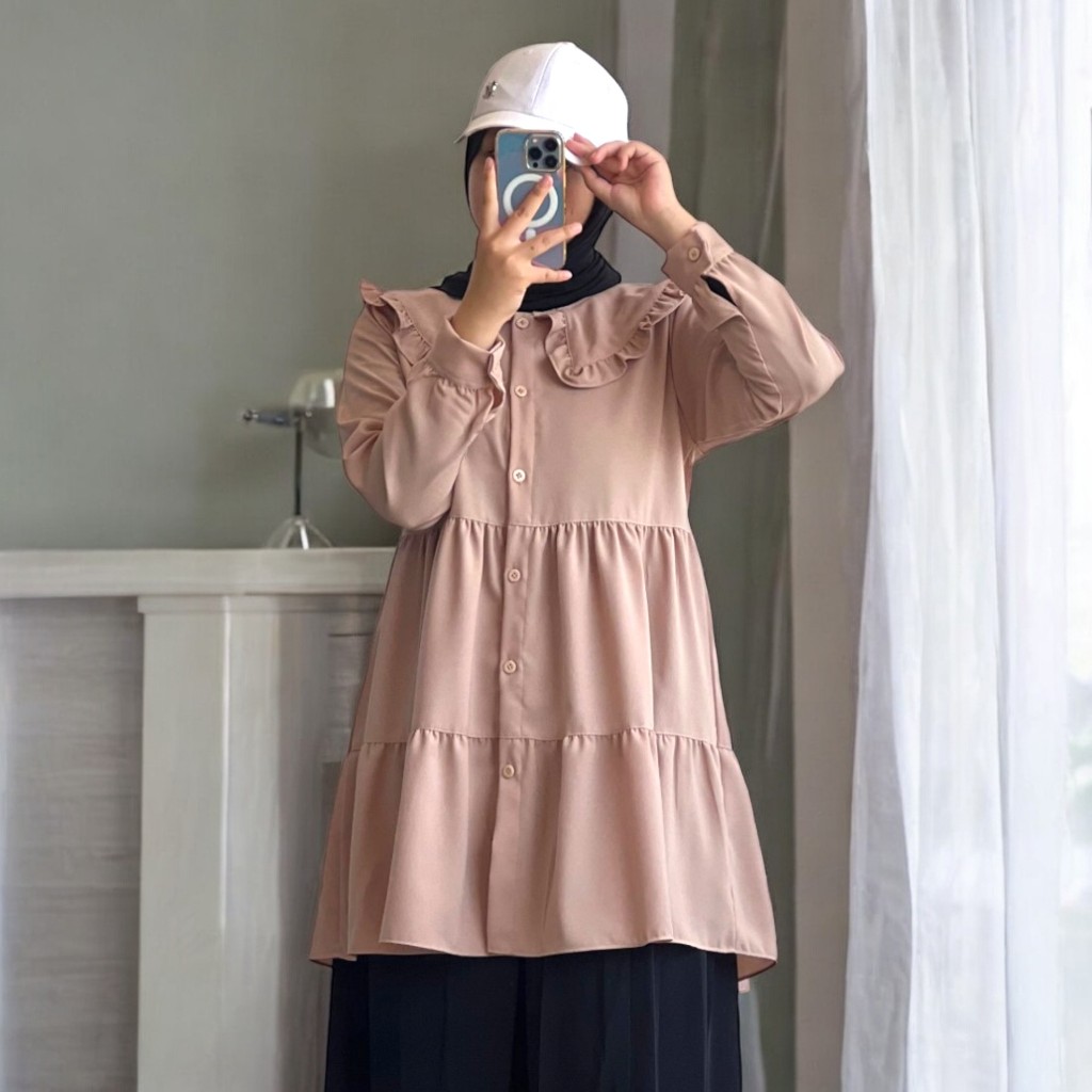 Jual Tunik Wanita Lengan Panjang Nazia Shirt Ruffle Serut Atasan Kemeja ...