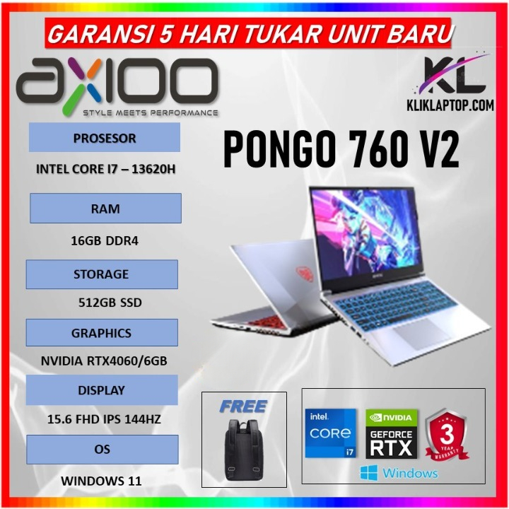 Jual Axioo Pongo 750 i7 13620H RTX4050 6Gb 16Gb 512Gb Windows 11 15.6 ...