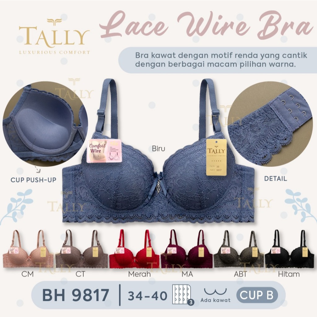 Jual Bh Bra Tally 9817 , 6018 Cup B (34-40) Kait 3 Brokat Push Up Busa Sedang Kawat jc | Shopee ...