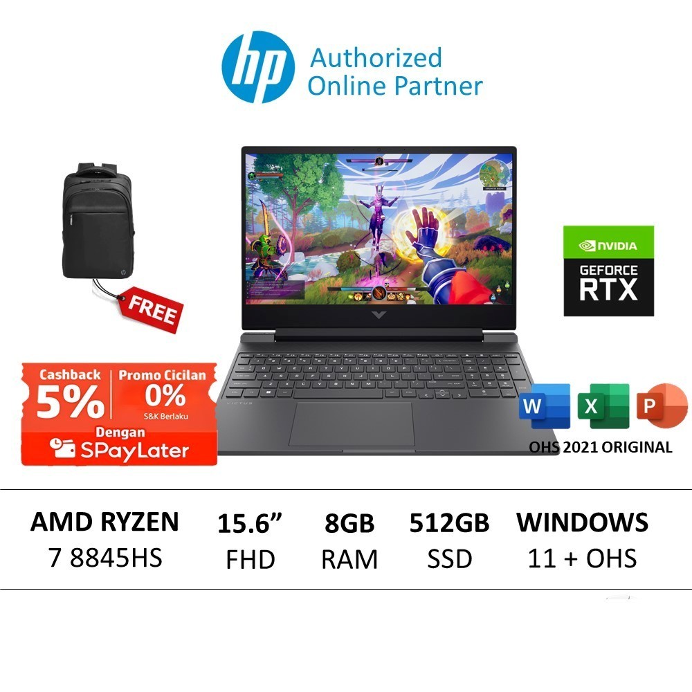 Jual LAPTOP HP VICTUS 15 AMD RYZEN 7 8845HS RTX4050 6GB/ 8GB 512GB W11+OHS 15.6FHD 144HZ RGB ...