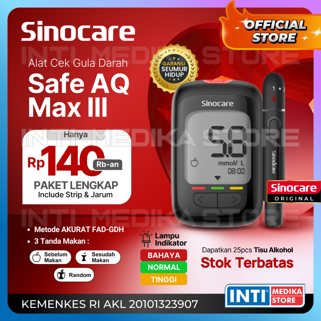 Jual SINOCARE - Alat Cek Gula Darah SAFE AQ MAX III | Set Lengkap Cek ...