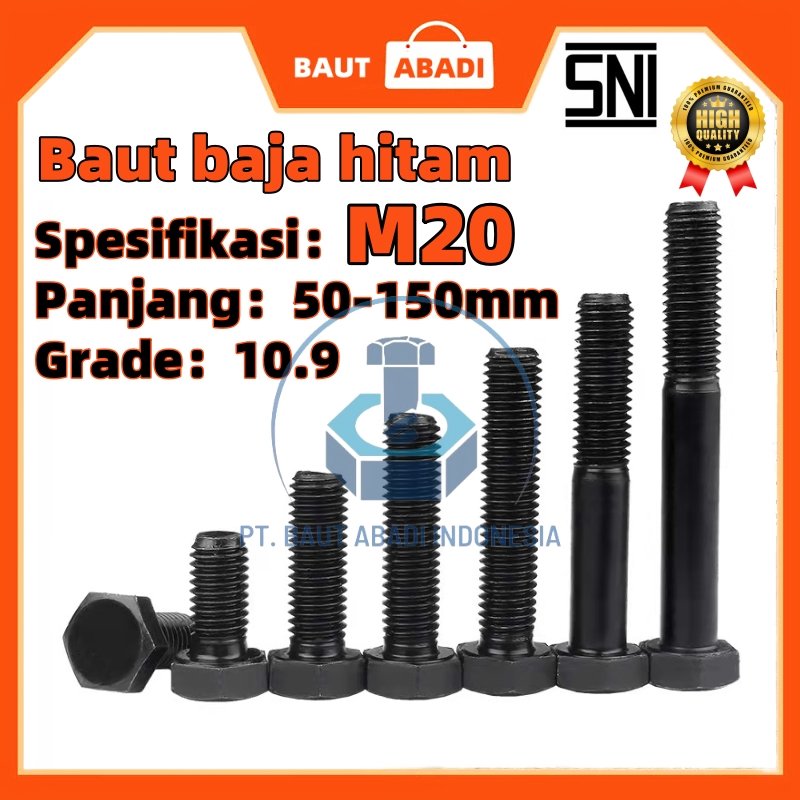 Jual Baut baja grade 10.9 M20 hex full drat / Half drat / baut mur baja hitam / hex bolt / ring ...