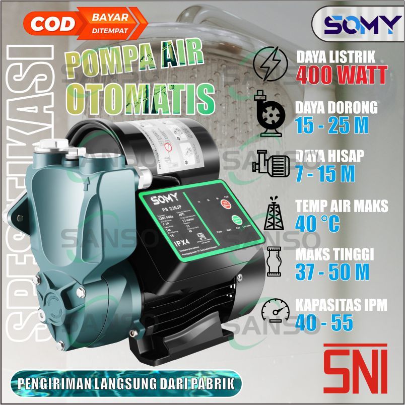 Jual SOMY Pompa air Otomatis 50L/min 300W Total Head Max 50 m Model PS ...