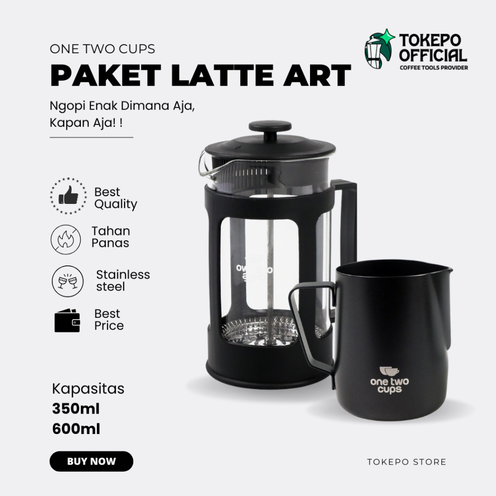 Jual PAKET LATTE ART One two Cups French Press Milk Jug 350ml Barista Tool Home Brew || Hitam ...
