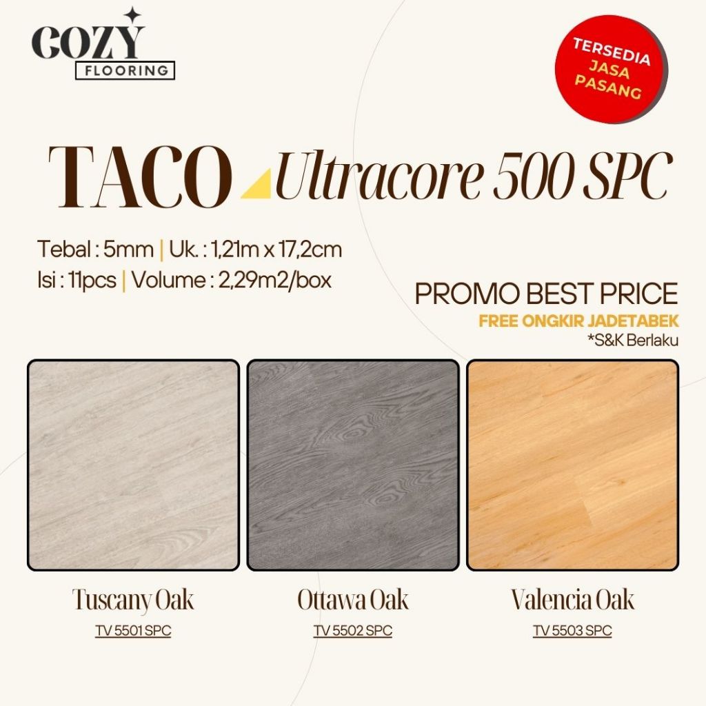 Jual spc flooring taco ultracore 500 | spc klik taco tebal 5mm | Shopee Indonesia