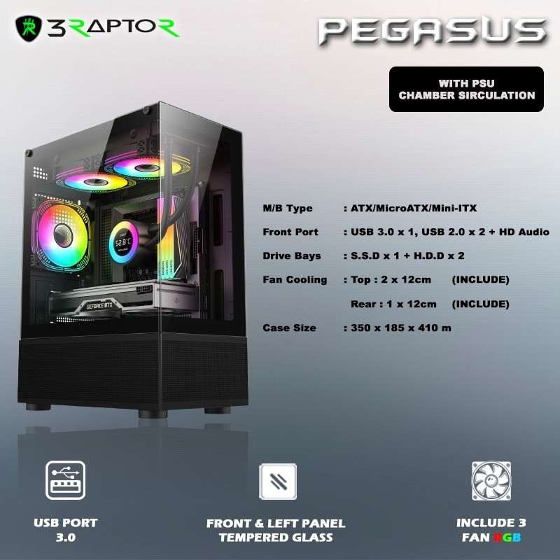 Jual CASING GAMING RAPTOR PEGASUS ATX/M-ATX/ITX + PORT USB 3.0 DAN FREE ...