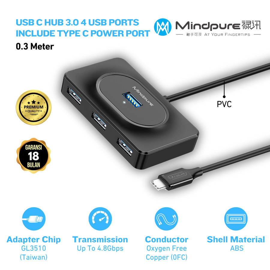 Jual USB C Hub 3.0 4 Ports + Type C Power Port Penambah Port USB PC ...