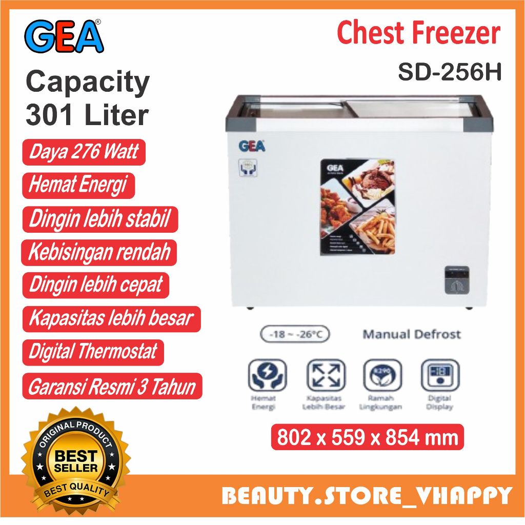 Jual Chest Freezer GEA Sliding Glass 301 Liter SD-256H Garansi Resmi ...