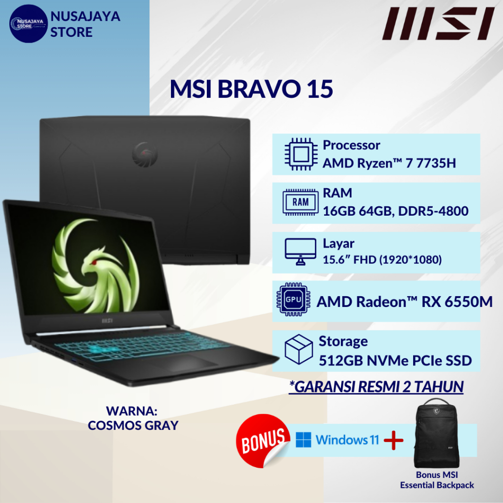 Jual MSI BRAVO 15 AMD RYZEN 7 7735HS 16GB 512GB RX6550M 15.6 FHD IPS ...