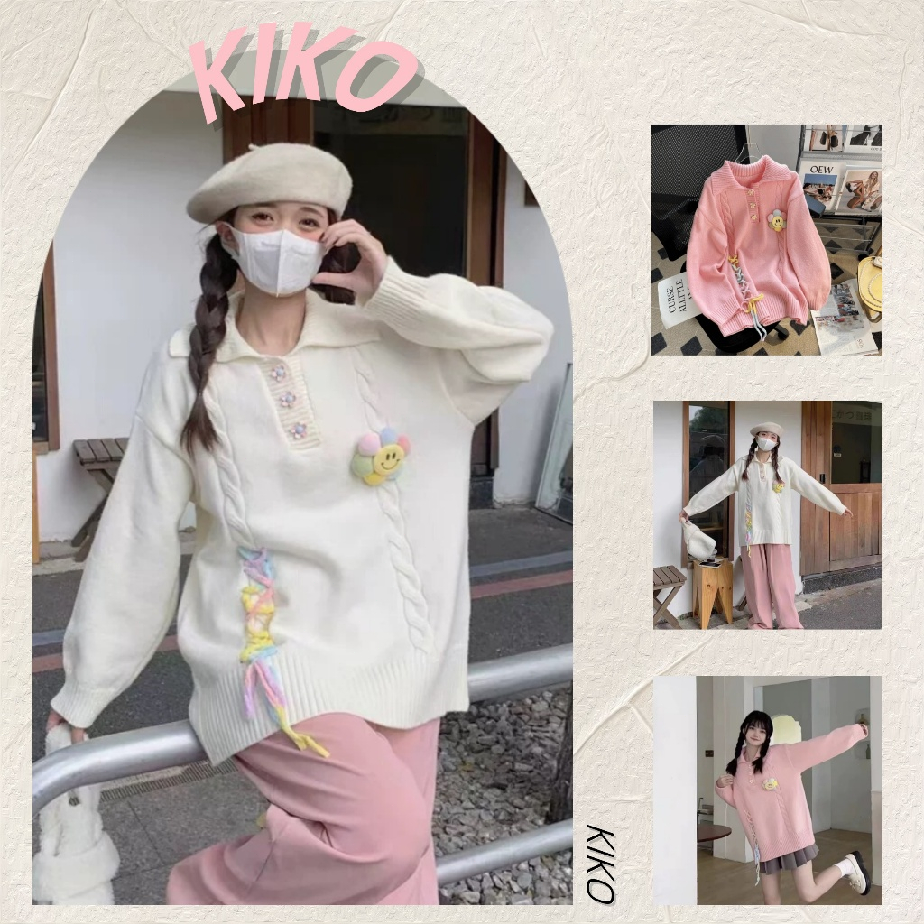 Jual KIKO Cardigan Rajut Wanita Patch Sunflower Kerah Polo Oversize ...