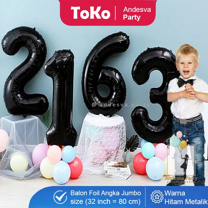 Jual Balon Angka Jumbo HITAM 80 Cm / balon nomor warna HITAM / balon ...