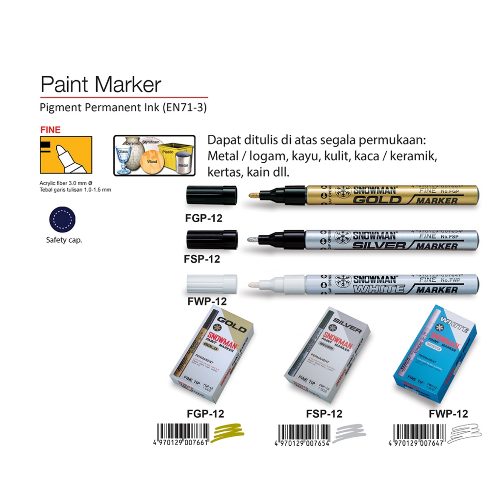 Jual Spidol Snowman Marker Fine Tip FWP FGP FSP-12 Gold Silver White ...