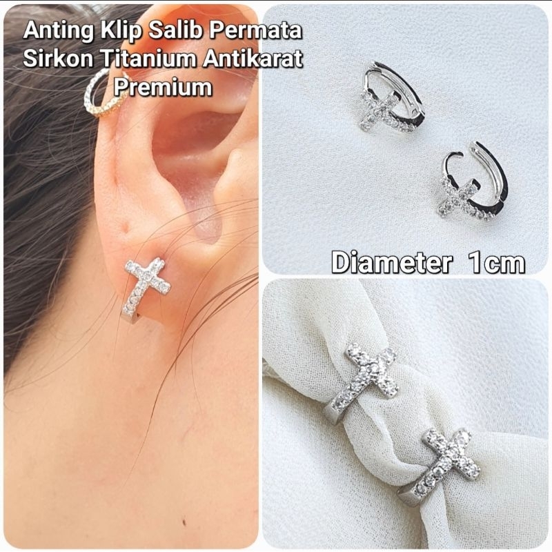 Jual Anting Klip Salib Permata Sirkon Halus Titanium Antikarat Premium ...