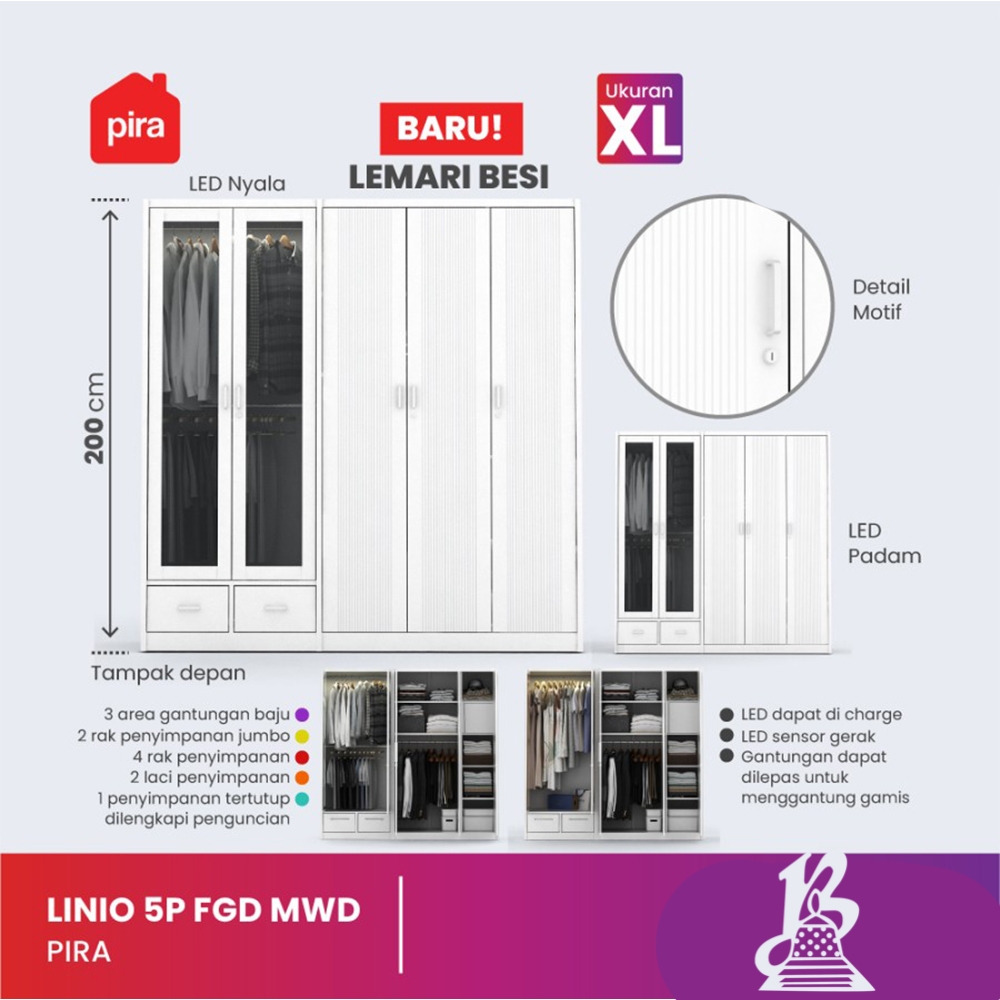 Jual LINIO 5P FGD MWD Lemari Pakaian Besi 5 Pintu dengan Laci dan LED ...