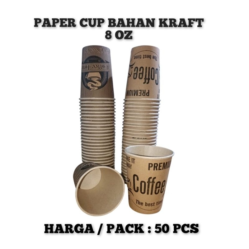 Jual Paper Cup Kraft Motif Kopi 8oz Isi 50pcs Gelas Kertas Motif