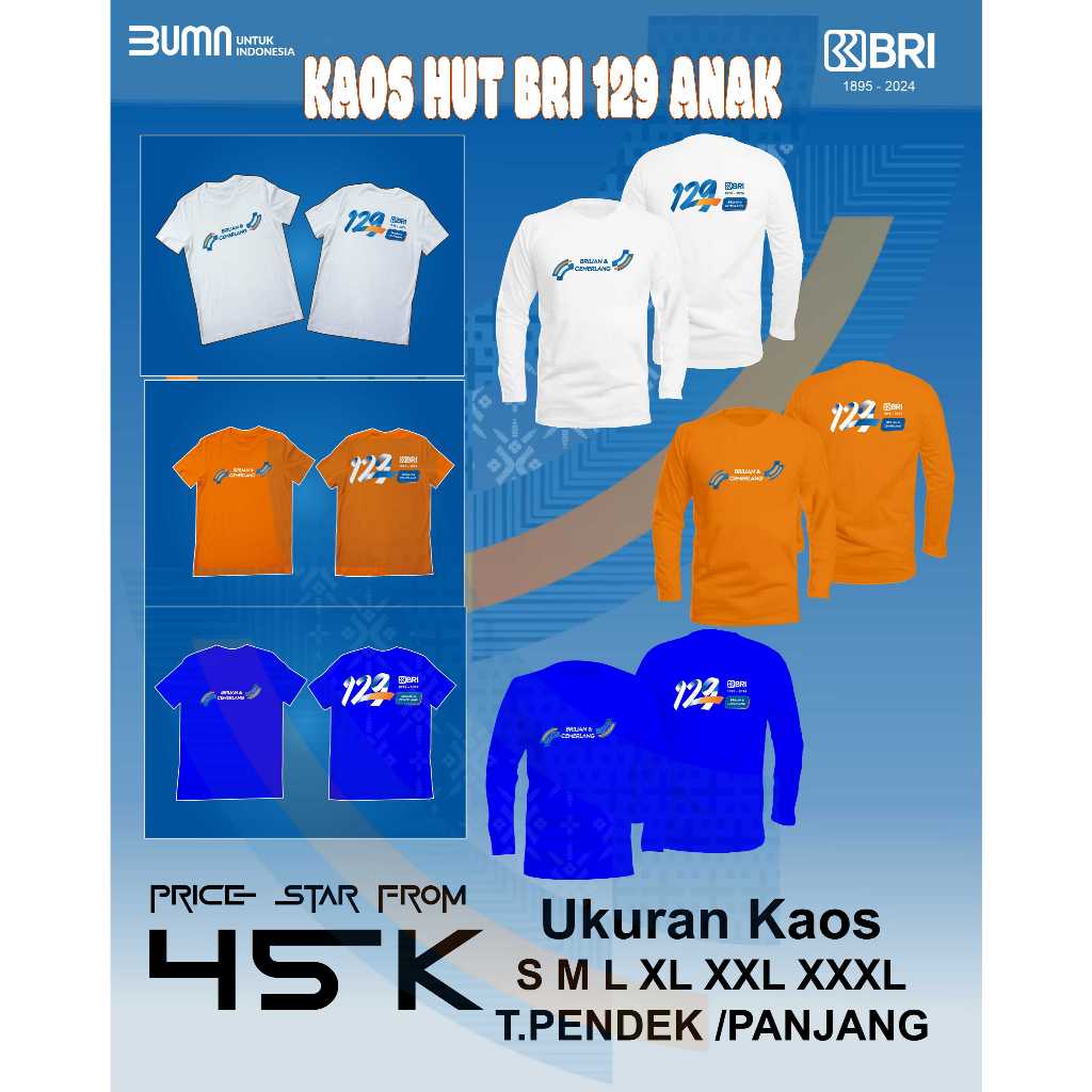 Jual Kaos Hut Bri 129 Anak Tangan pendek dan Tangan Panjang Baju HUT ...
