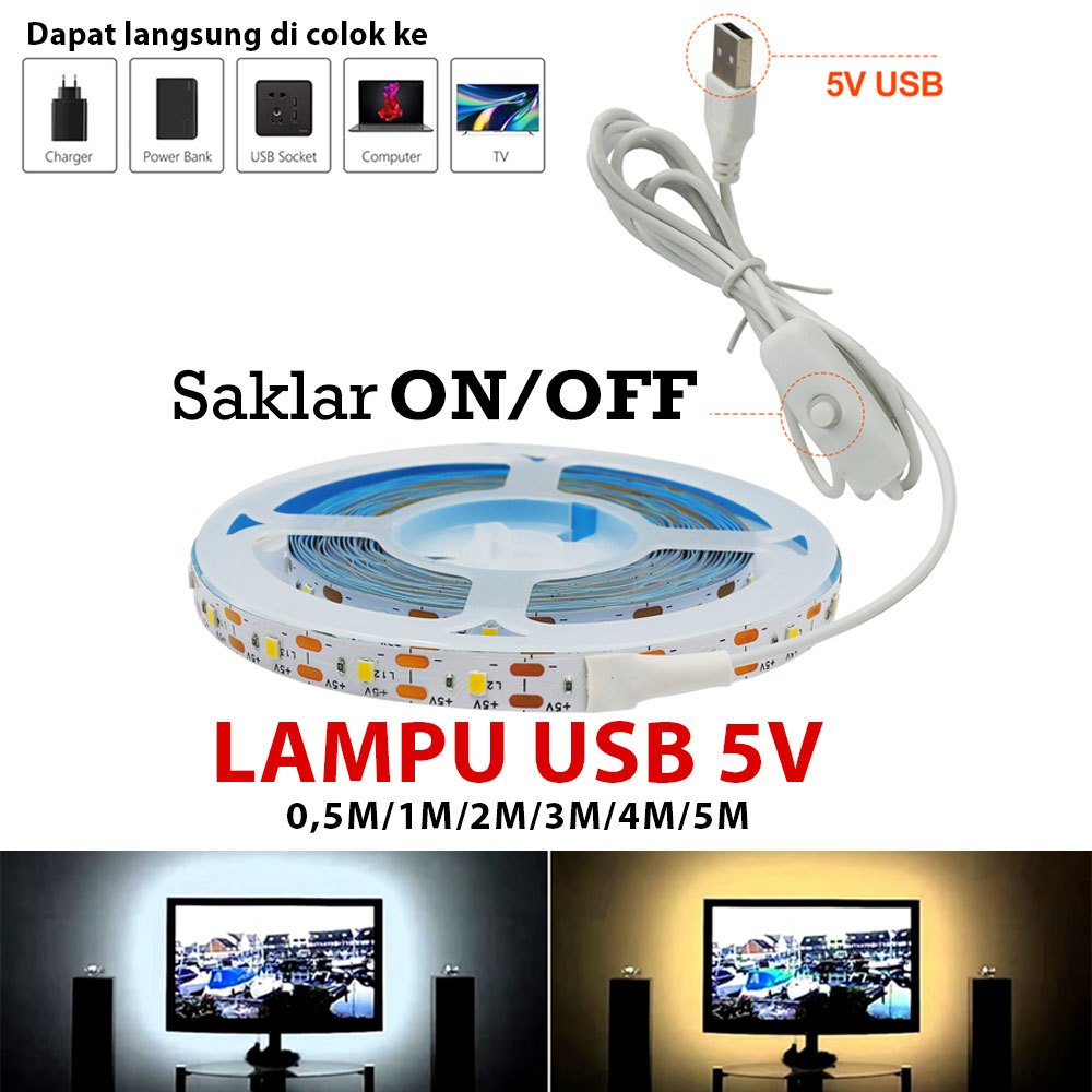 Jual Lampu LED Strip USB DC 5V Putih White Warm White 1M, 2M, 3M, 4M ...
