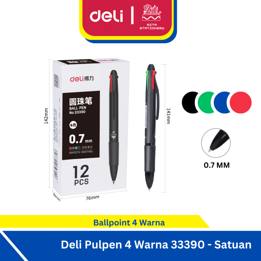 Jual Deli Ballpoint Pulpen 4 Warna 0.7mm Hitam Merah Hijau Biru - 33390 ...