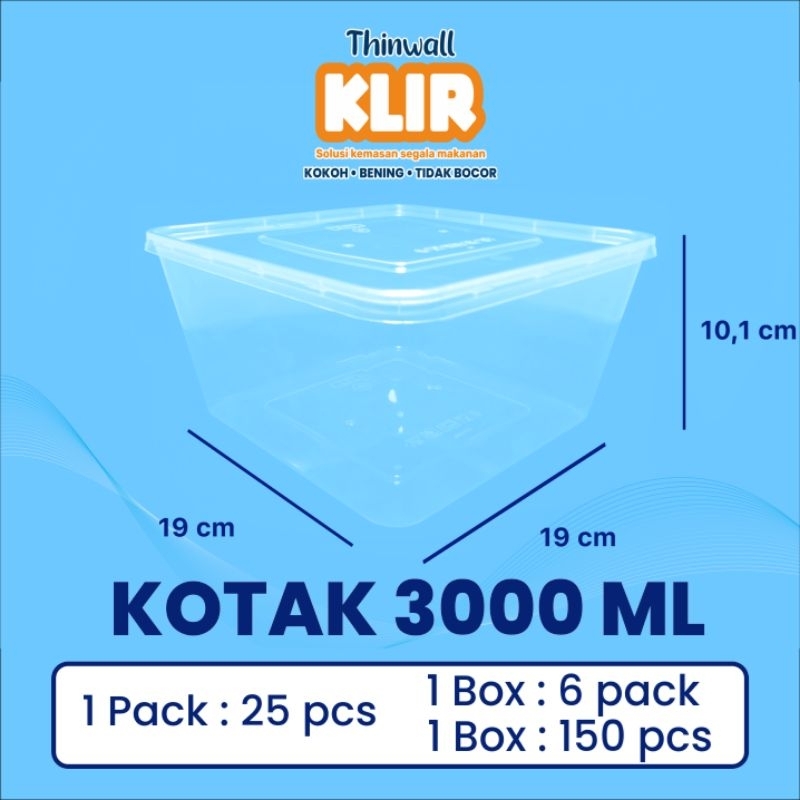 Jual KLIR THINWALL KOTAK / segi empat 3000ml isi 25pcs + tutup PP 5 Bening, Kokoh dan tidak ...
