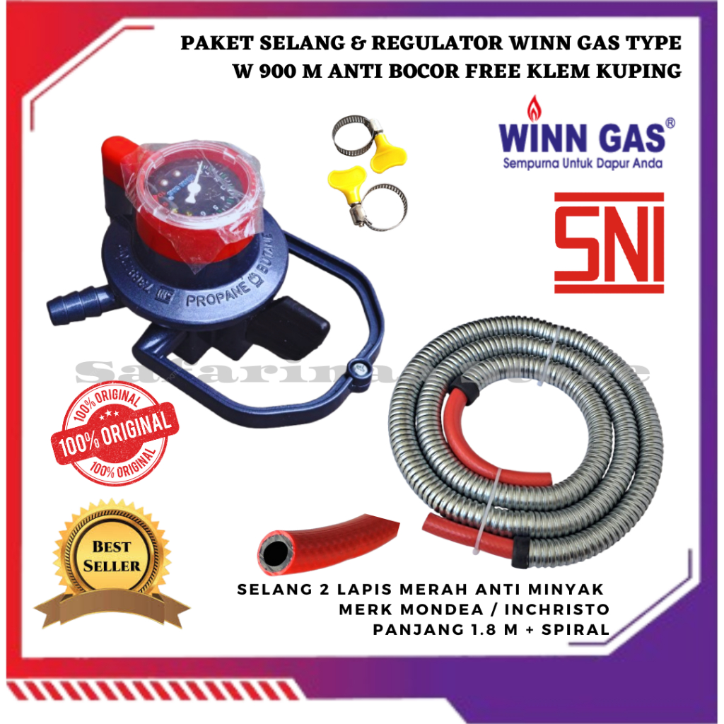 Jual PAKET REGULATOR GAS LPG WINN GAS TYPE W 900 M / NM SET SELANG 2 LAPIS MERAH ANTI MINYAK DAN ...