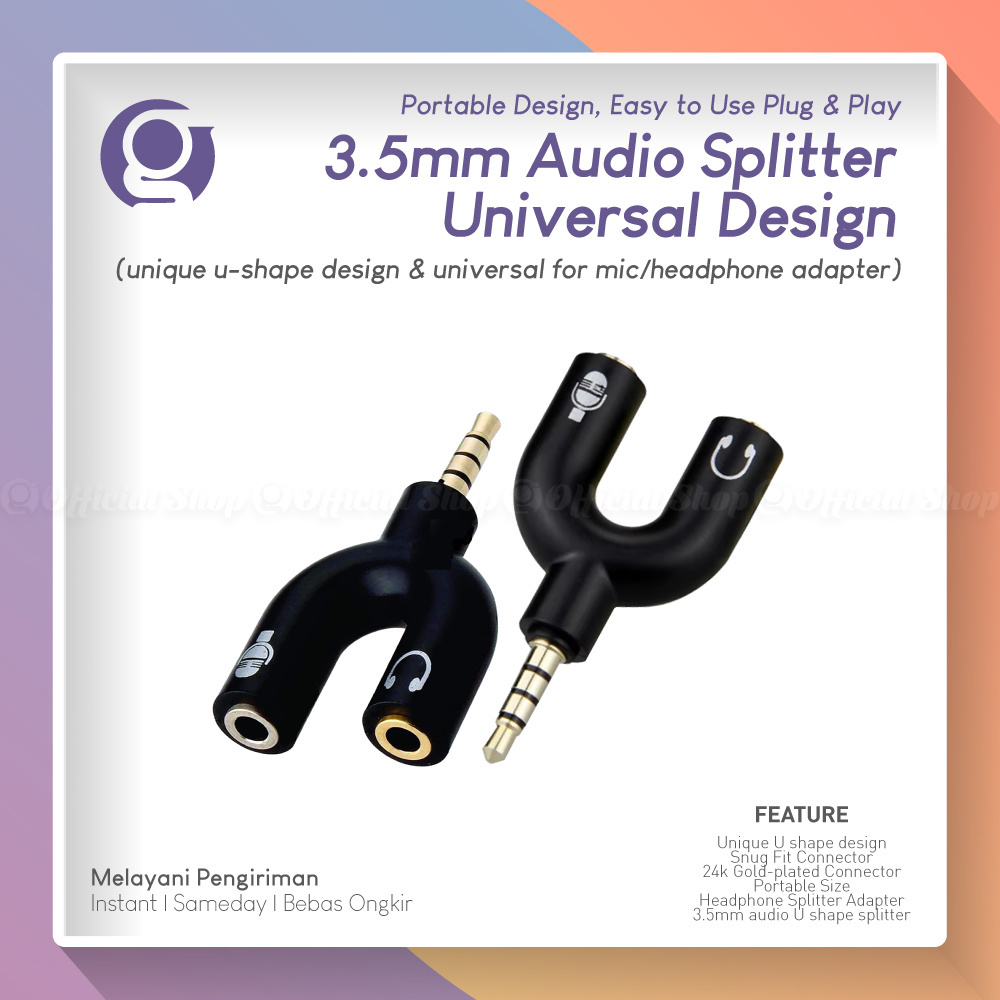 Jual Audio Splitter U Shape 2 Port Mic AUX Audio Jack 3.5mm to Dual ...