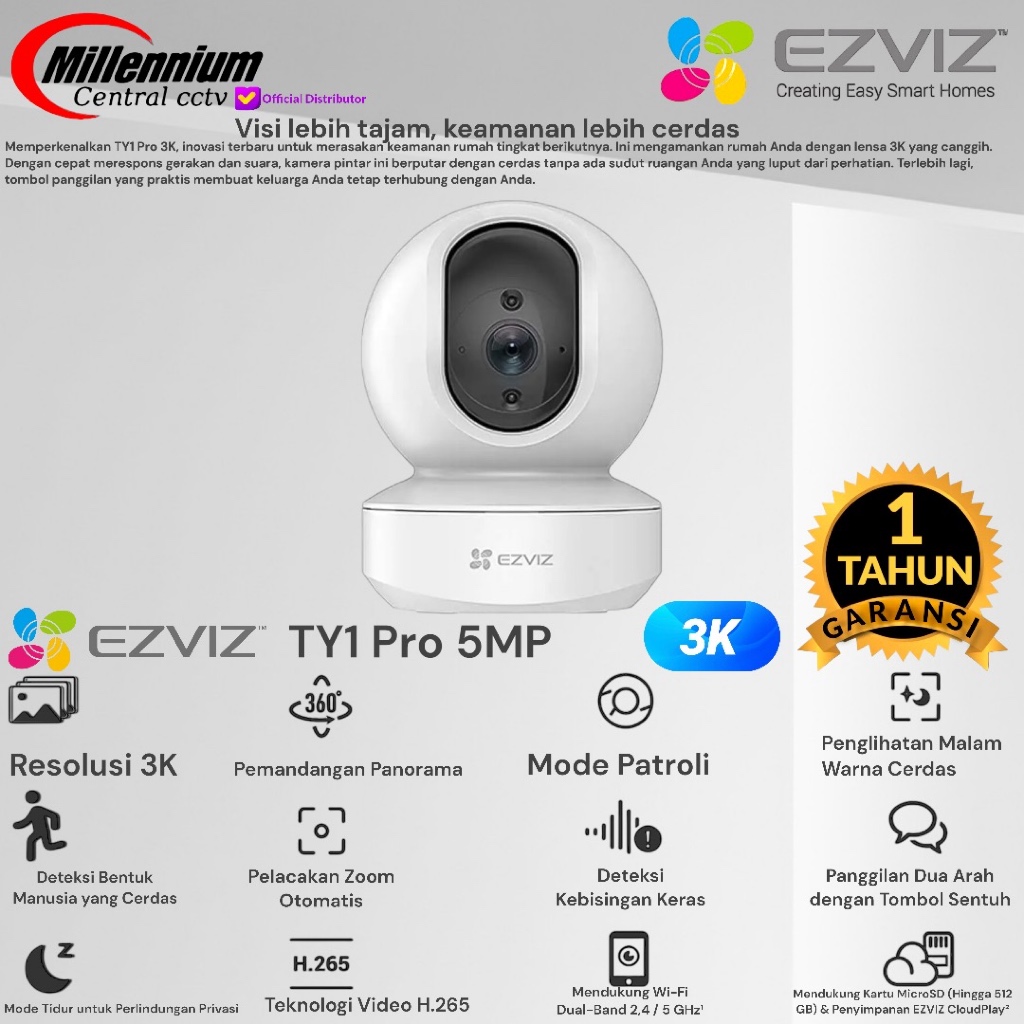 Jual Ezviz TY1 Pro 3K 5MP Smart Home Pan & Tilt WiFi IP Camera CCTV ...