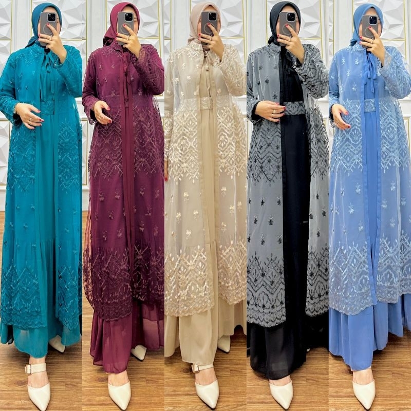 Jual Zhafiraoutfit - Elegant Set Gamis Outer Brokat Lepas Panjang Set ...