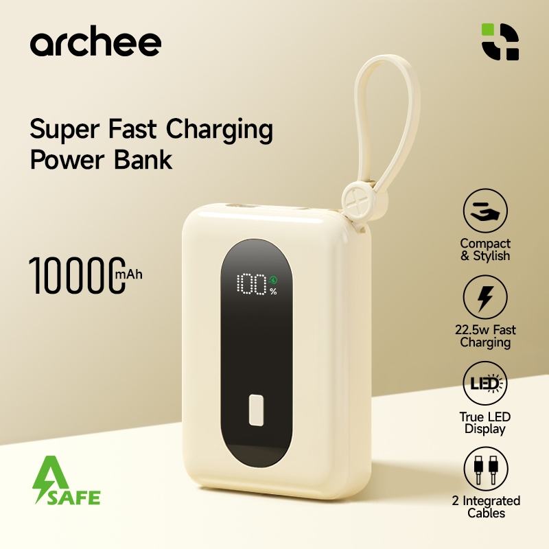 Jual ARCHEE Fast Charging Powerbank 10000mAh 2 output USB-A Type C & Lightning cable Built ...