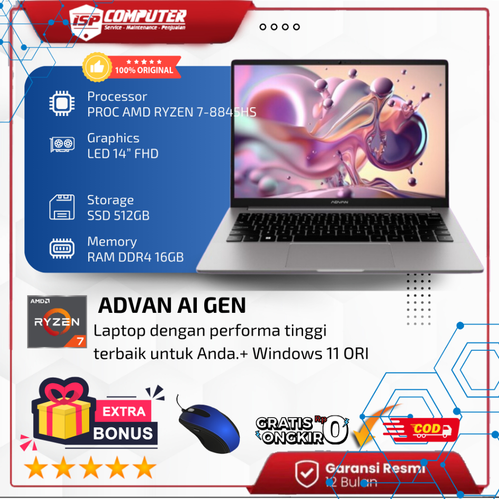 Jual [COD] Advan Laptop AI Gen Ryzen 7 8845HS AMD Ryzen AI IPS 100% ...