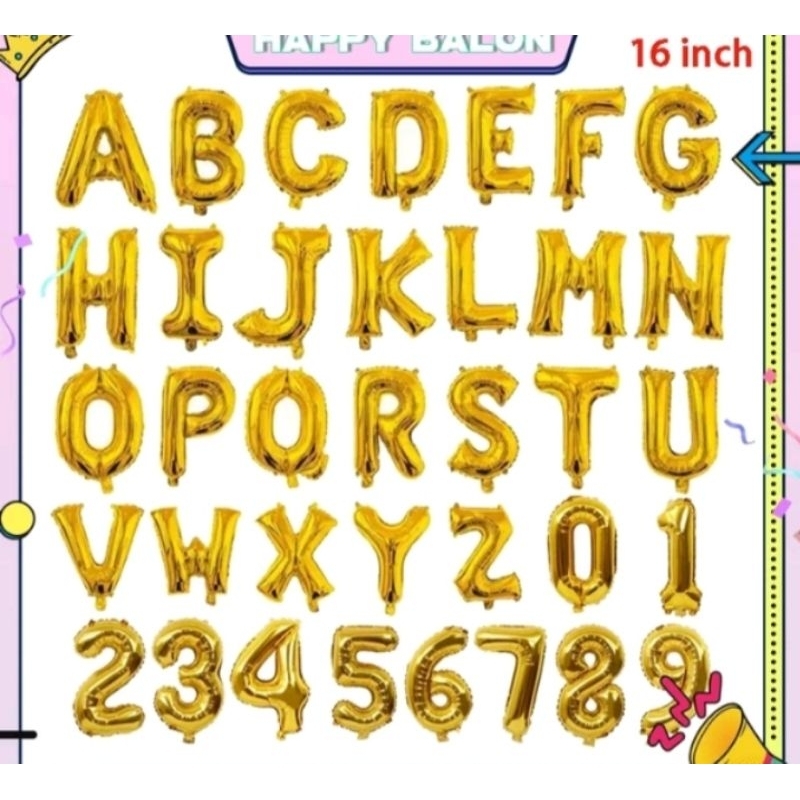 Jual Balon Foil Huruf Ukuran 16 inch / 40cm abjad Huruf Gold Ballon ...