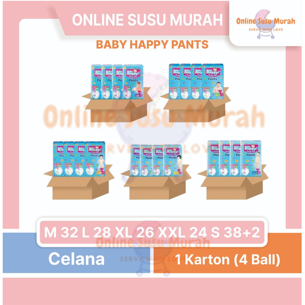 Jual BABY HAPPY PANTS PAKET 4 BALL / 1 KARTON M32 L28 XL26 XXL24 S38+2 PPKS | Shopee Indonesia