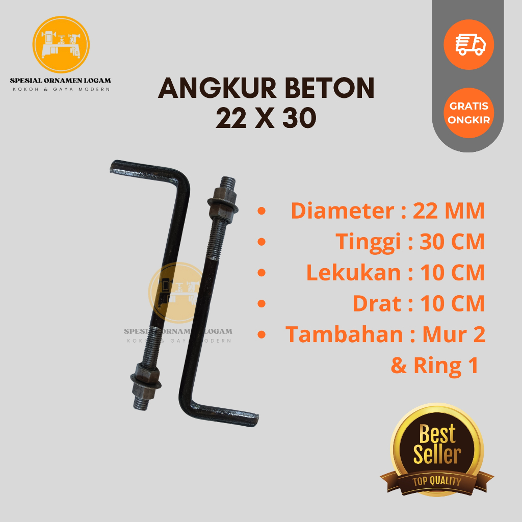 Jual Angkur L Besi Beton bubut ukuran diameter besi 22 Panjang 30cm ...