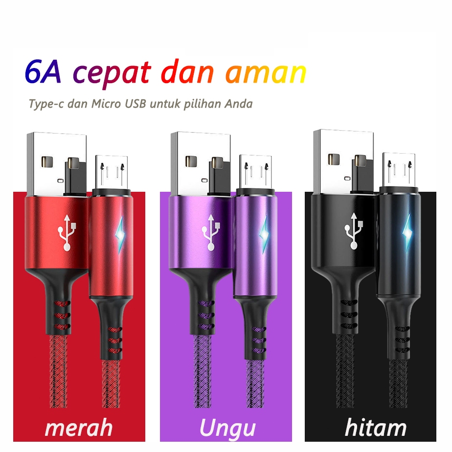 Jual 6A Fast Charging Kabel data Micro USB Type C iphone ios Cable LED ...