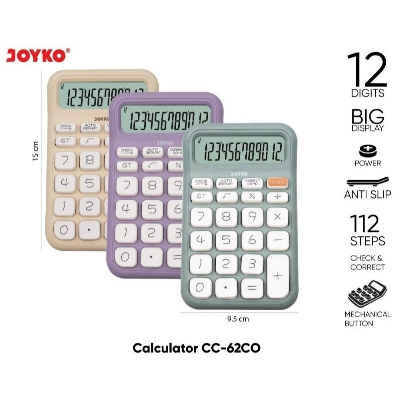 Jual KALKULATOR JOYKO CC-62CO / CC62CO 12 DIGIT CALCULATOR MINIMALIS DISPLAY BESAR BATERAI DASAR ...