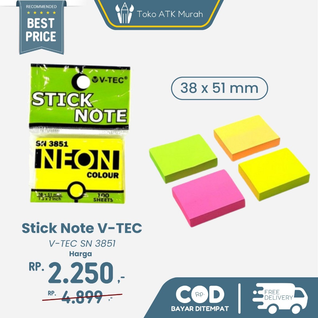 Jual Stick Note V-TEC SN 3851 No. 653 Sticky Notes 38 x 51 mm Memo ...