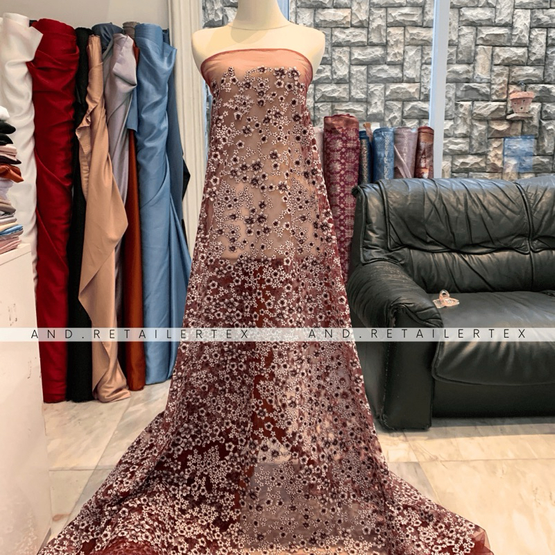 Jual Bahan Kain Brokat Mewah Tile Embroidery Sakura 2 tone Motif Bunga ...