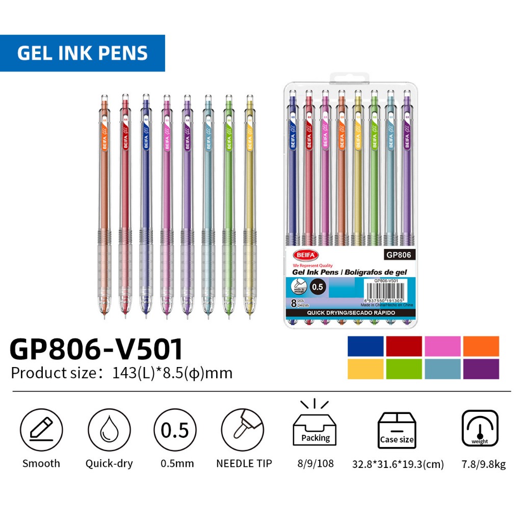 Jual PULPEN GEL CETREK SET 8 WARNA 0.5MM BEIFA GP-806 GEL PEN RETRACT ...