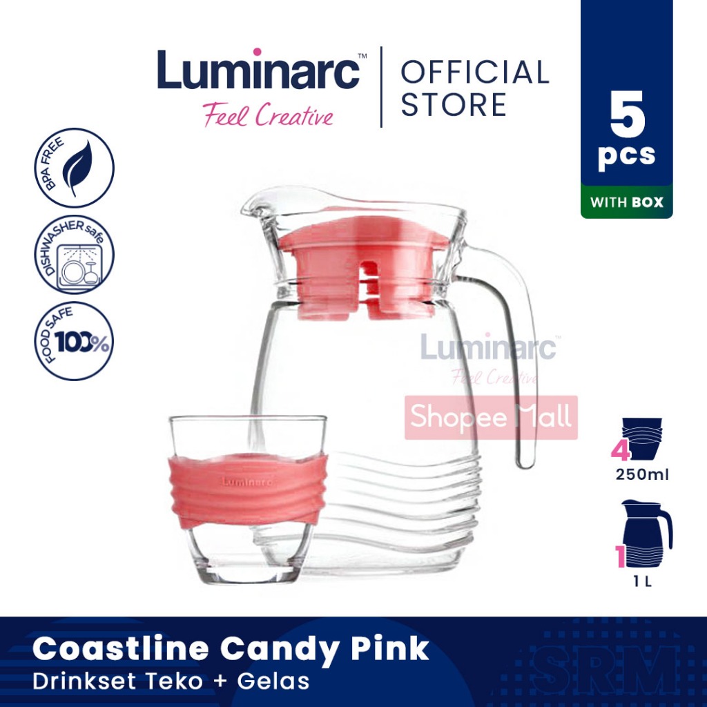 Jual LUMINARC Drinkset/Set Alat Minum Teko Gelas Coastline Candy Pink ...