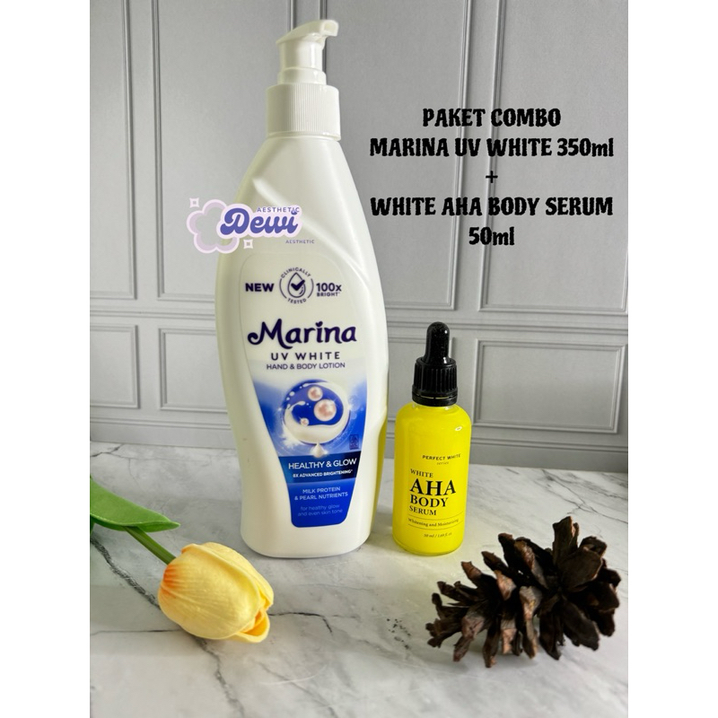 Jual PAKET COMBO!! Marina biru 350ml pump + white AHA body serum 50ml ...